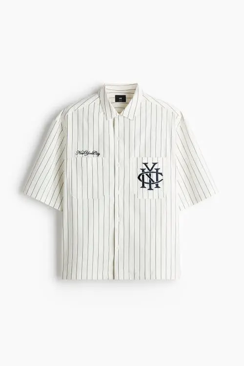 H&m Regular Fit Embroidered-motif Shirt - White/striped