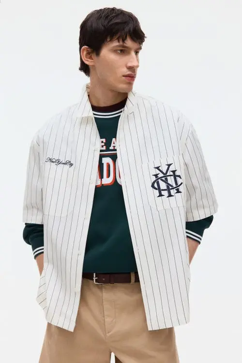 H&m Regular Fit Embroidered-motif Shirt - White/striped