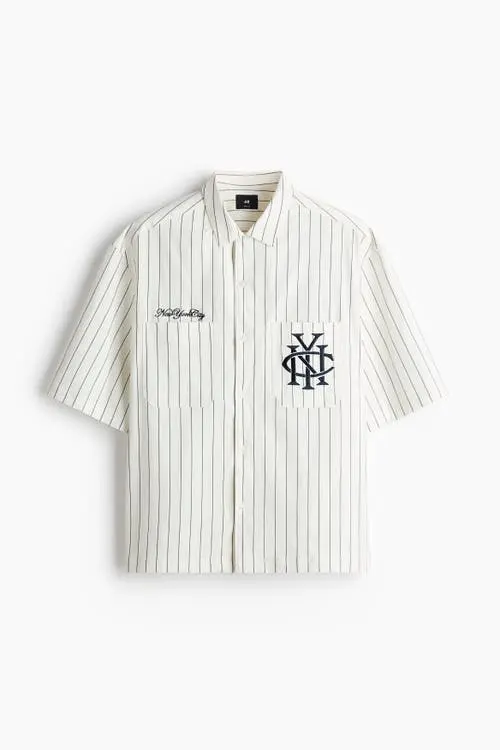 H&m Regular Fit Embroidered-motif Shirt - White/striped