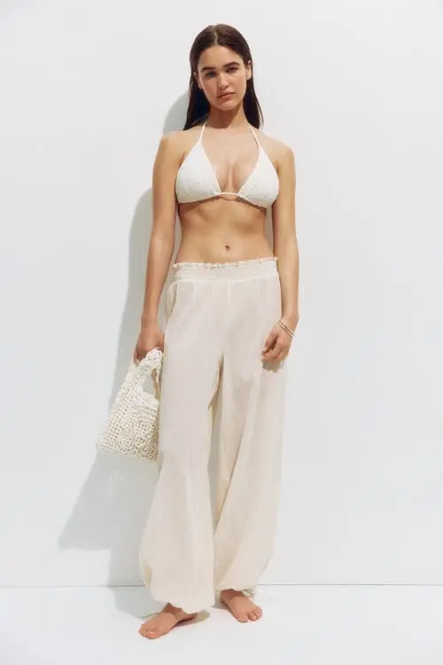 H&m Crinkled Cotton Beach Trousers - Cream