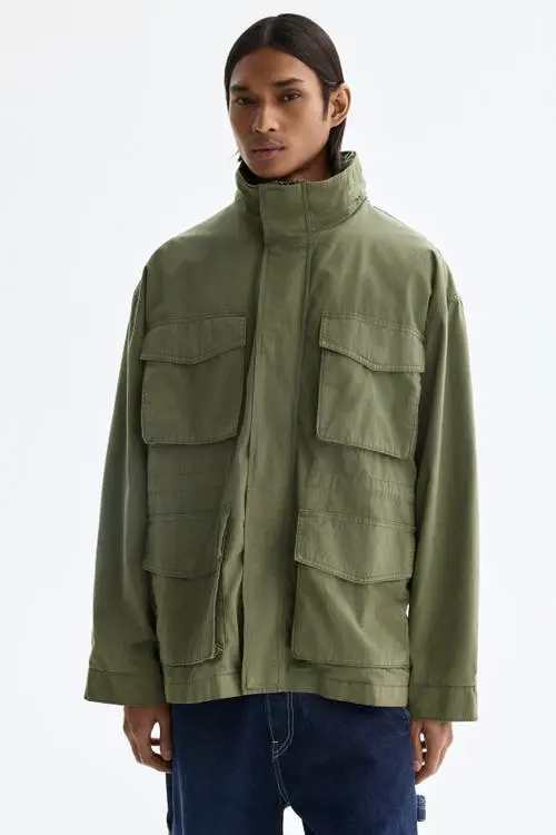 H&m Cargo Jacket With Concealed Hood And Drawstring Waist - Khaki Green