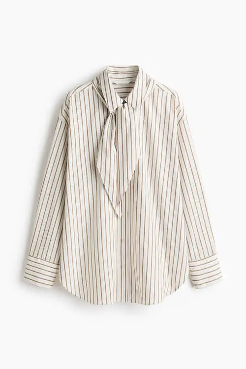 H&m Relaxed Fit Shirt With Scarf Detail - White/striped