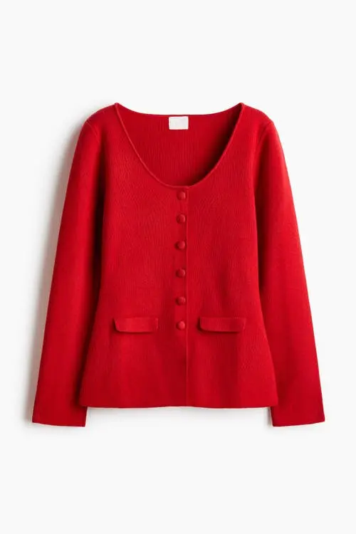 H&m Fitted Rib-knit Cardigan With Scoop Neck - Red