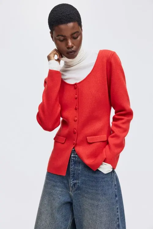 H&m Fitted Rib-knit Cardigan With Scoop Neck - Red