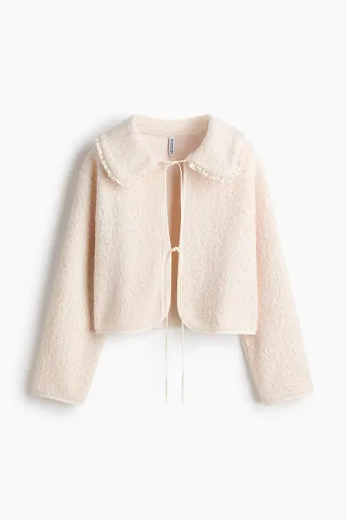 H&m Collared Bouclé Cardigan With Frill Trim