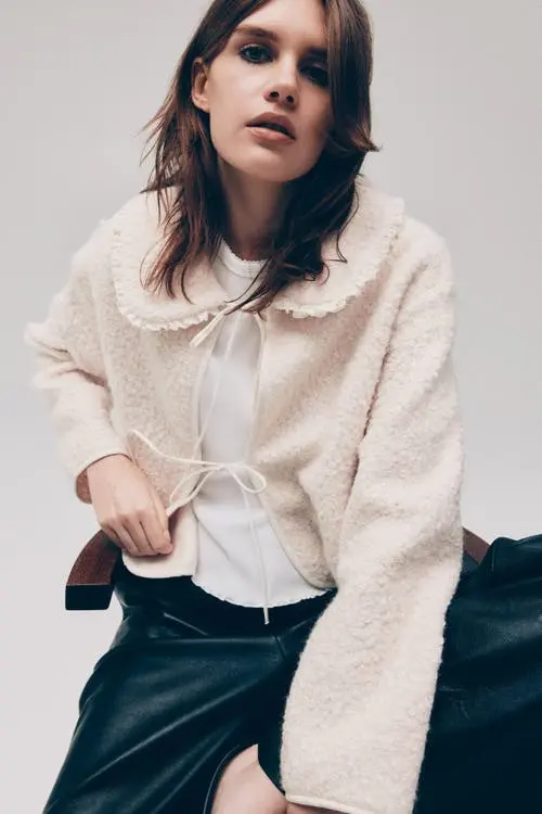 H&m Collared Bouclé Cardigan With Frill Trim