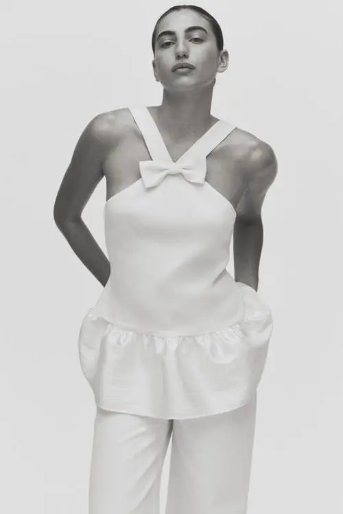 H&m Bow Detail V-neck Peplum Top - Cream