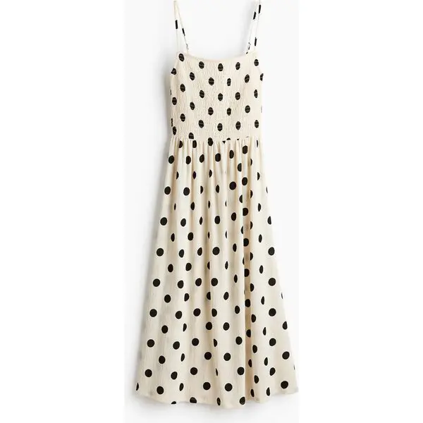 H&m Smocked Bodice Strappy Polka Dot Midi Dress - Cream/dotted