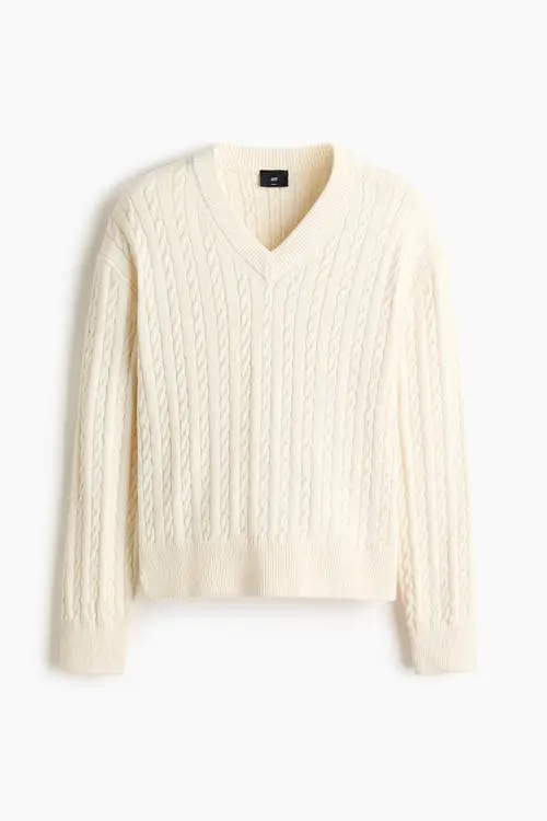 H&m Regular Fit Cable-knit V-neck Jumper