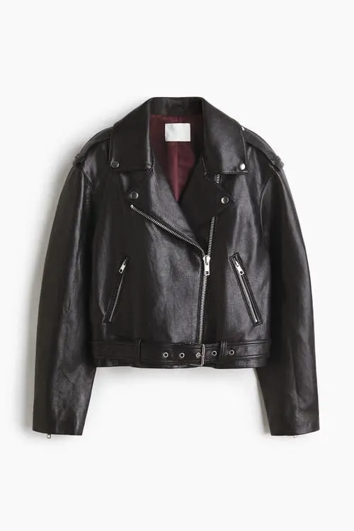 H&m Coated Biker Jacket With Notch Lapels And Belted Hem
