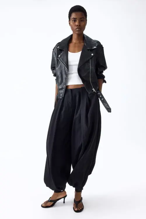 H&m Coated Biker Jacket With Notch Lapels And Belted Hem