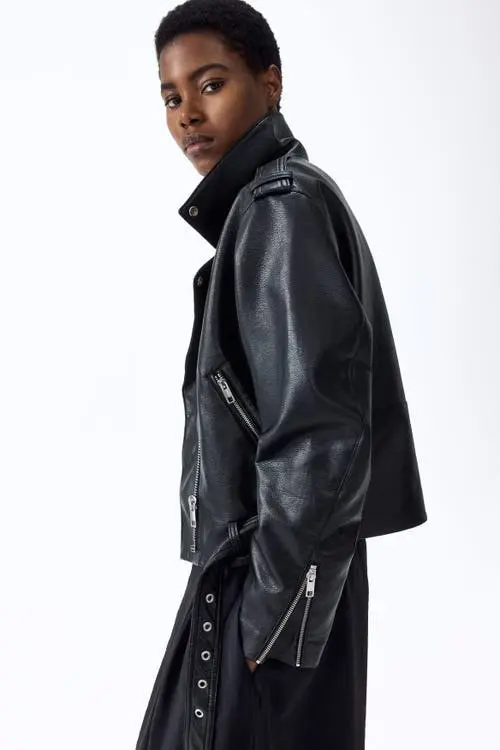 H&m Coated Biker Jacket With Notch Lapels And Belt