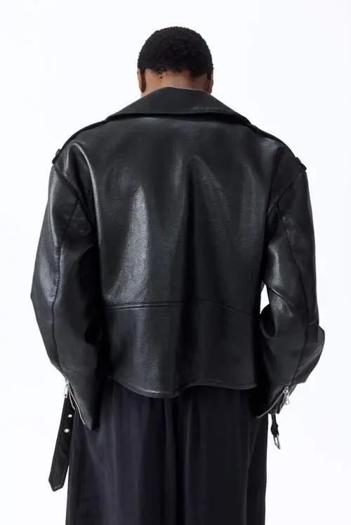 H&m Coated Biker Jacket With Notch Lapels And Belt