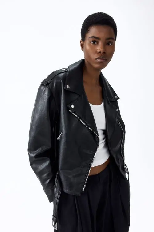 H&m Coated Biker Jacket With Notch Lapels And Belt