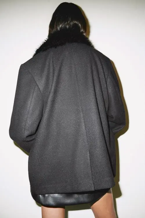 H&m Double-breasted Pea Coat With Fluffy Collar