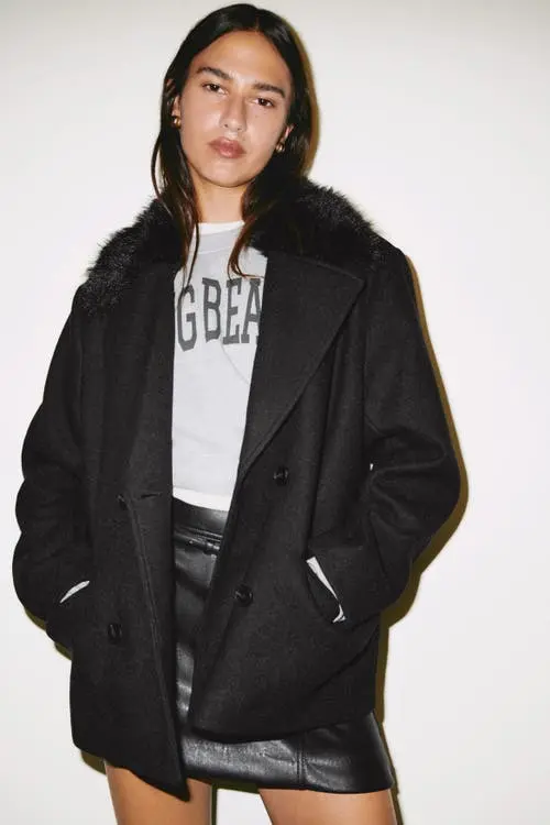 H&m Double-breasted Pea Coat With Fluffy Collar