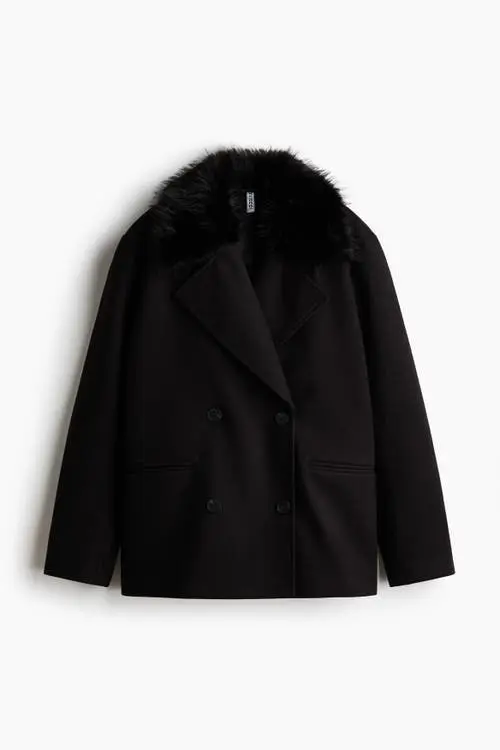 H&m Double-breasted Pea Coat With Fluffy Collar