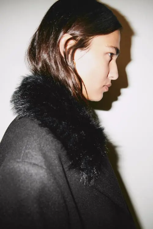 H&m Double-breasted Pea Coat With Fluffy Collar