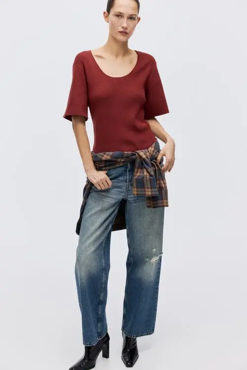 H&m Fine-knit T-shirt - Dark Red