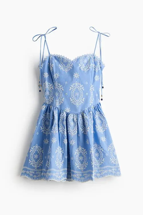 H&m Embroidered Tie-strap Sweetheart Neckline Dress