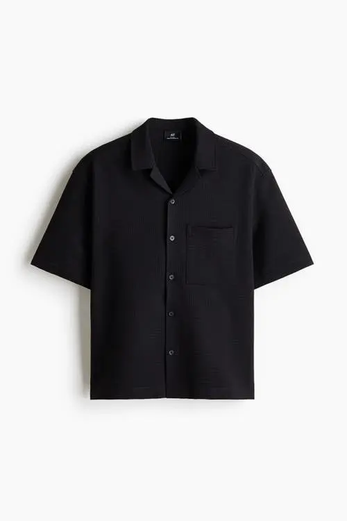 H&M Relaxed Fit Waffled Resort Shirt - Black
