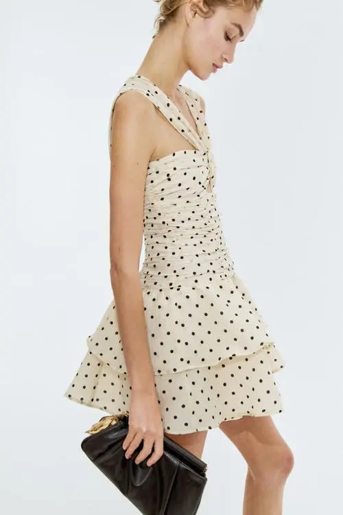 H&m Ruched Flared Skirt Sweetheart Neckline Dress - Light Beige/dotted