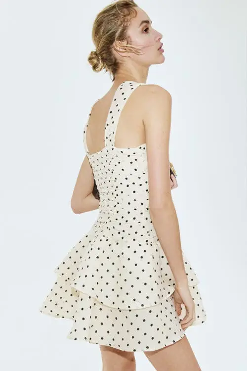 H&m Ruched Flared Skirt Sweetheart Neckline Dress - Light Beige/dotted