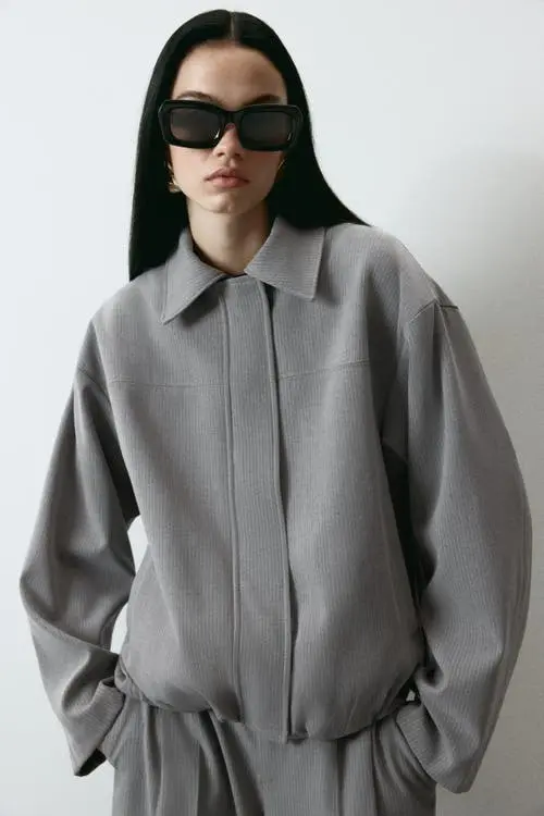 H&m Collared Bomber Jacket - Light Gray/pinstriped