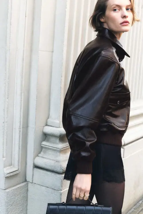 H&m Detachable-collar Coated Bomber Jacket