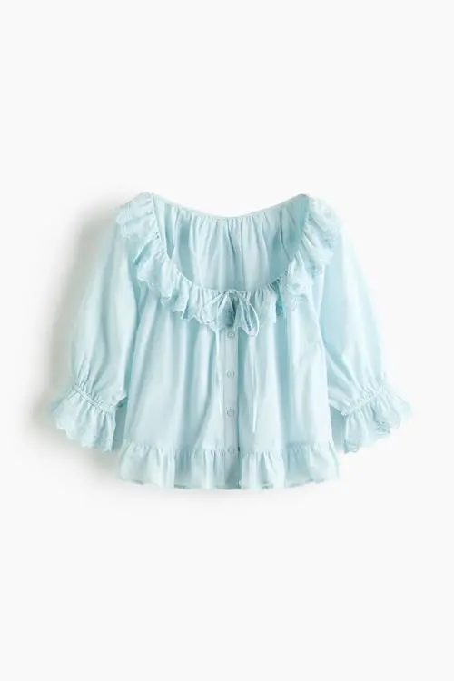 H&m Cotton Blouse With Eyelet Embroidery - Light Turquoise