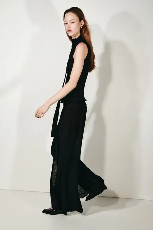H&m Crinkled Wrapover Wide Leg Trousers - Black