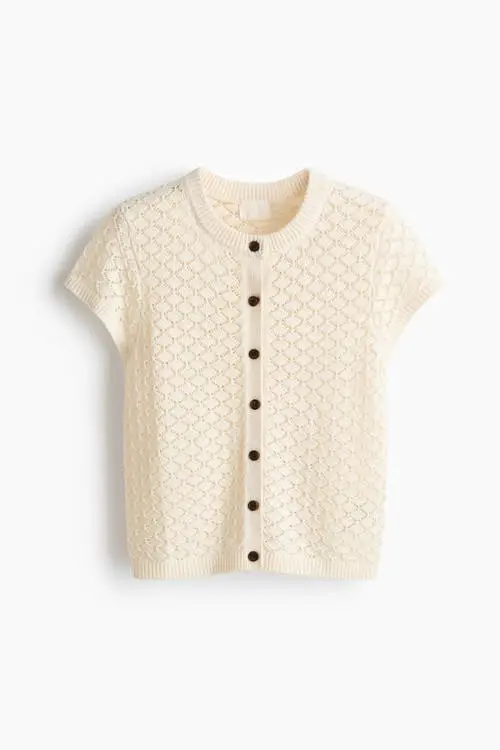H&m Cap-sleeved Pointelle-knit Cardigan - Light Beige