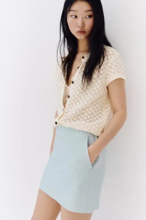 H&m Cap-sleeved Pointelle-knit Cardigan - Light Beige