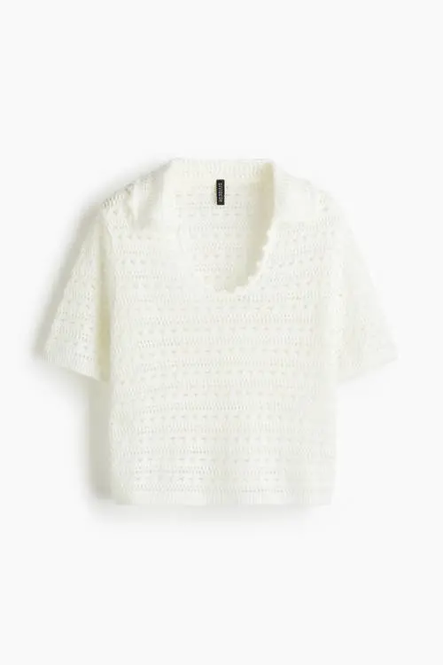 H&m Collared Hole-knit Short Sleeve Top