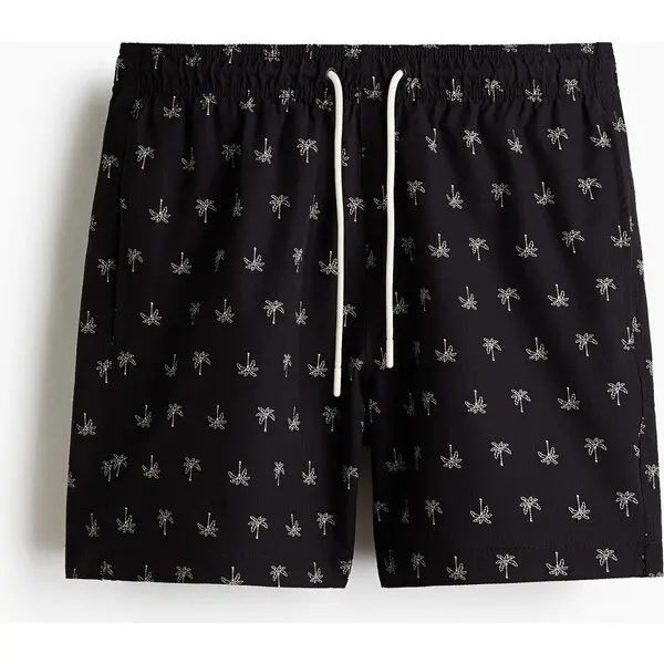 H&m Seersucker Swim Shorts With Palm Print - Black