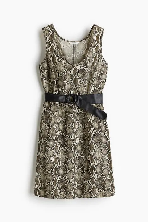 H&m Sleeveless Belted Knee-length Dress With Scoop Neck
