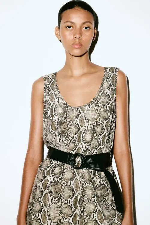 H&m Sleeveless Belted Knee-length Dress With Scoop Neck