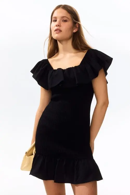 H&m Flounced Off-the-shoulder Dress - Black