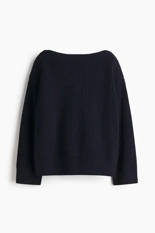 H&m Oversized Wool-blend Jumper With Boat Neckline - Navy Blue