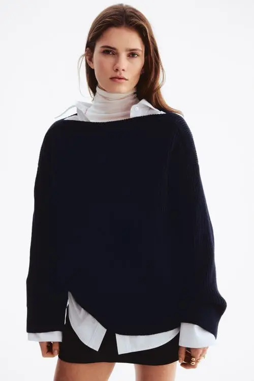 H&m Oversized Wool-blend Jumper With Boat Neckline - Navy Blue