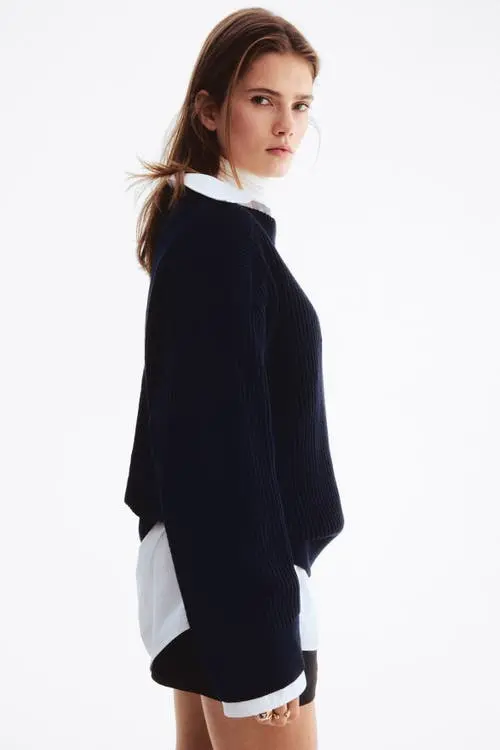 H&m Oversized Wool-blend Jumper With Boat Neckline - Navy Blue