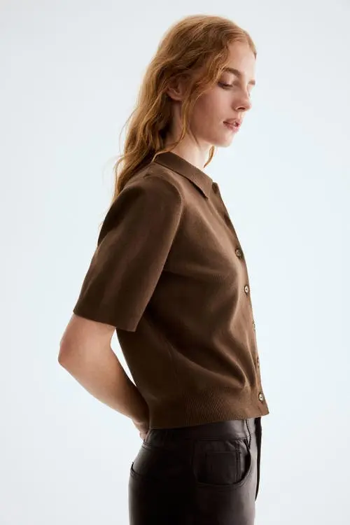 H&m Collared Short Sleeve Fine Knit Cardigan - Dark Brown