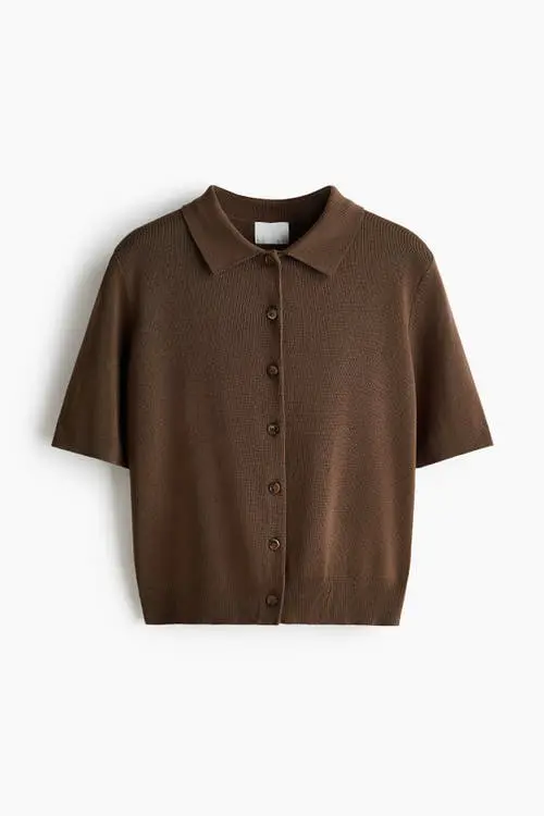 H&m Collared Short Sleeve Fine Knit Cardigan - Dark Brown