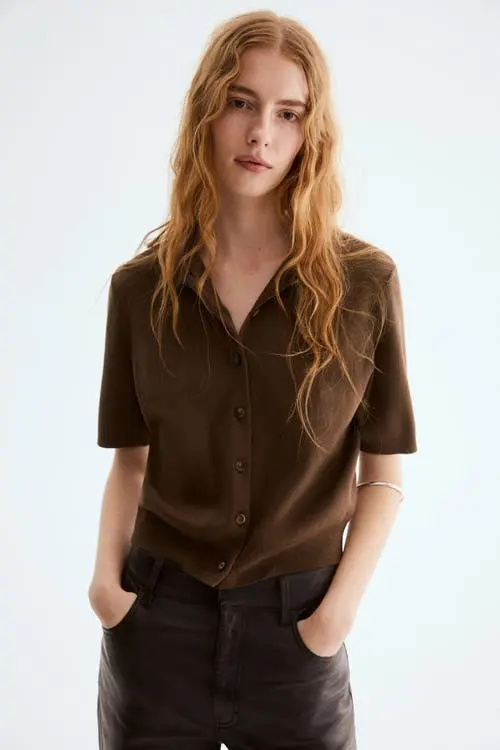 H&m Collared Short Sleeve Fine Knit Cardigan - Dark Brown