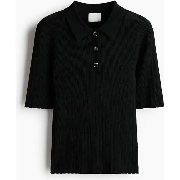 H&m Ribbed Pointelle Knit Collared Top - Black