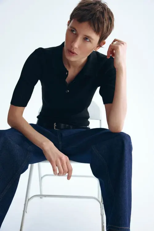 H&m Ribbed Pointelle Knit Collared Top - Black