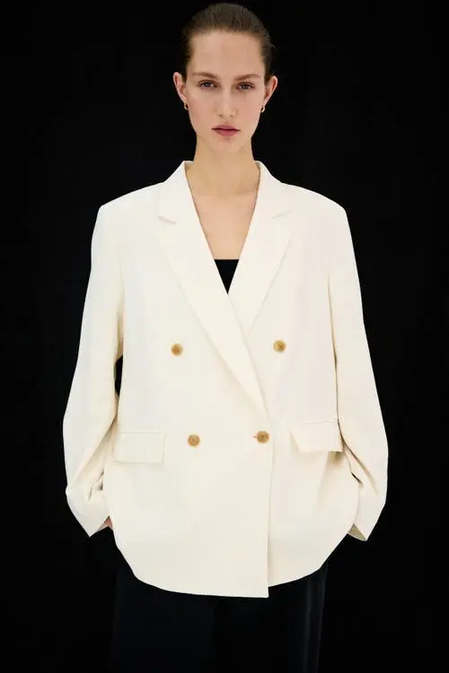 H&M Double-breasted Blazer With Notch Lapels - Cream
