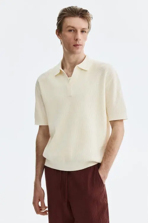 H&m Regular Fit Cable-knit Polo Shirt - Cream