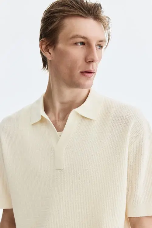 H&m Regular Fit Cable-knit Polo Shirt - Cream