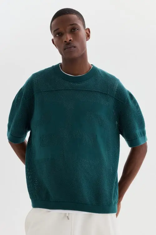 H&m Relaxed Fit Boxy Mesh T-shirt - Dark Teal